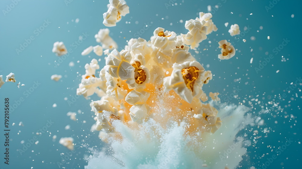 A dynamic shot of popcorn exploding against a plain light blue ...