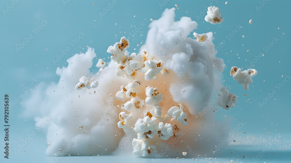 A dynamic shot of popcorn exploding against a plain light blue ...