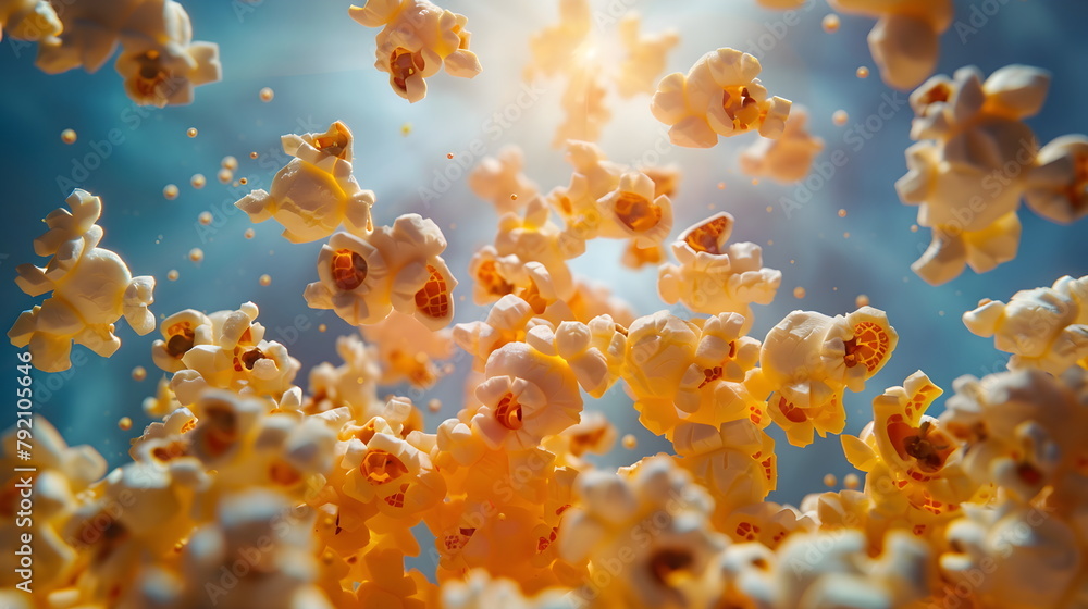 Flying popcorn on a blue background with glare and rays of bright sun ...