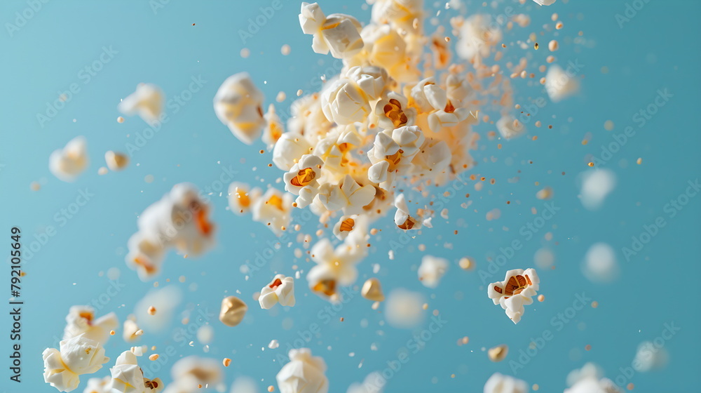 A dynamic shot of popcorn exploding against a plain light blue ...