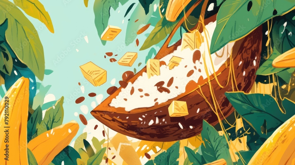Iconic cartoon 2d of cacao butter with cocoa beans and tree powder ...