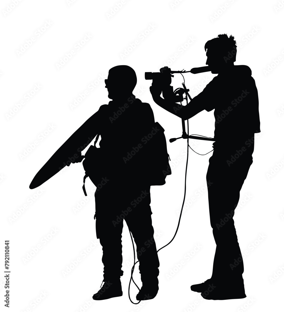 Journalist news reporter interview camera crew vector silhouette ...