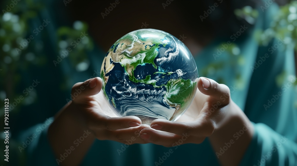 Woman hand holding earth, save planet, earth day, sustainable living ...
