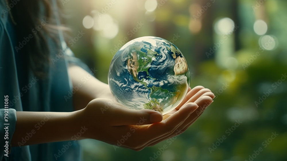Woman hand holding earth, save planet, earth day, sustainable living ...