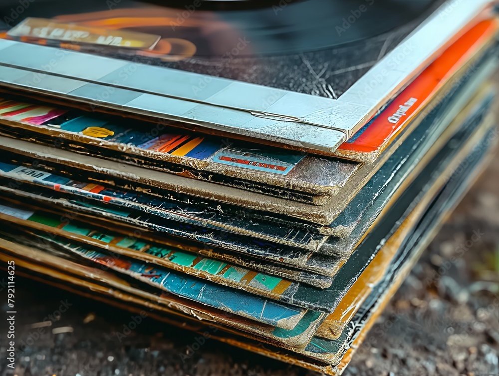 A stack of old records with a red label that says "Odyssey". The ...