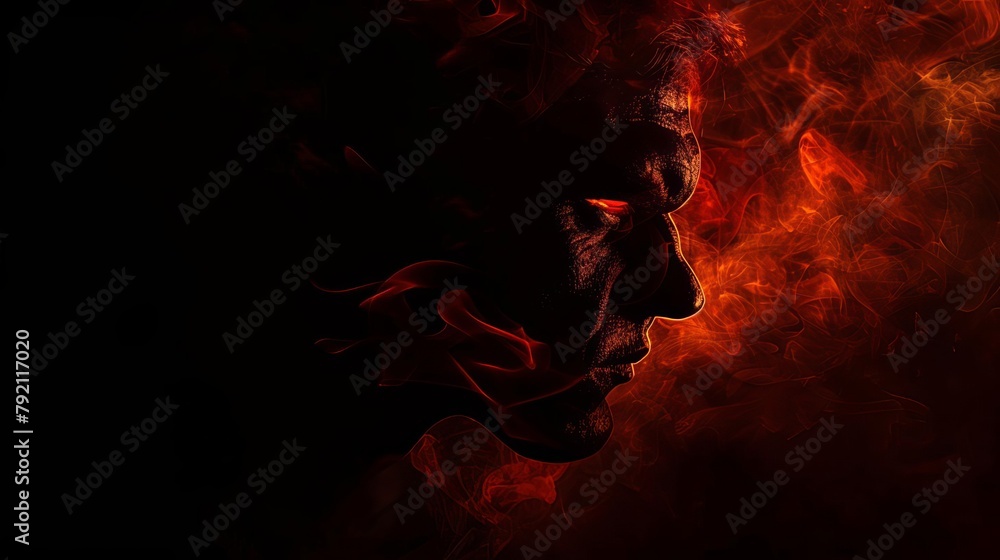 furious devil face profile silhouette with copy space black background ...