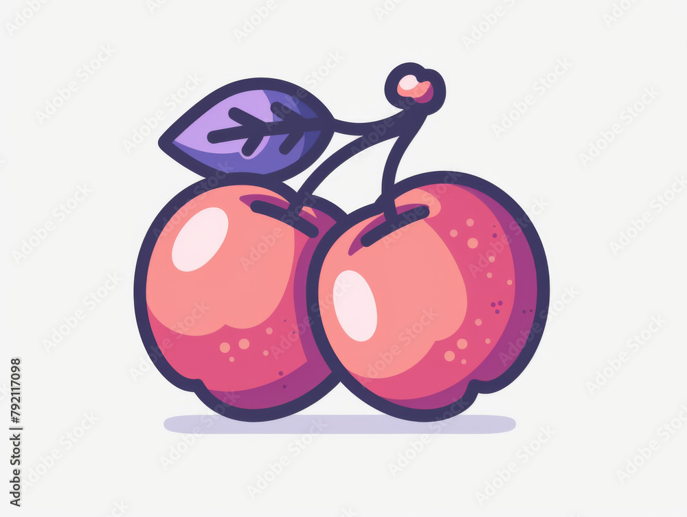 Stylized illustration of two pink cherries with a leaf, simple outlines ...