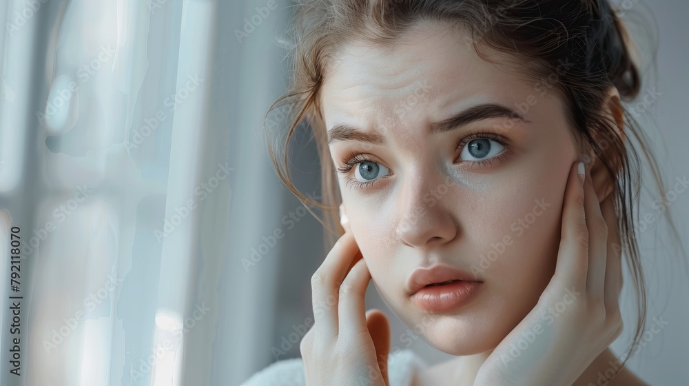 Beauty and skincare. Upset young woman looking in mirror and touching ...