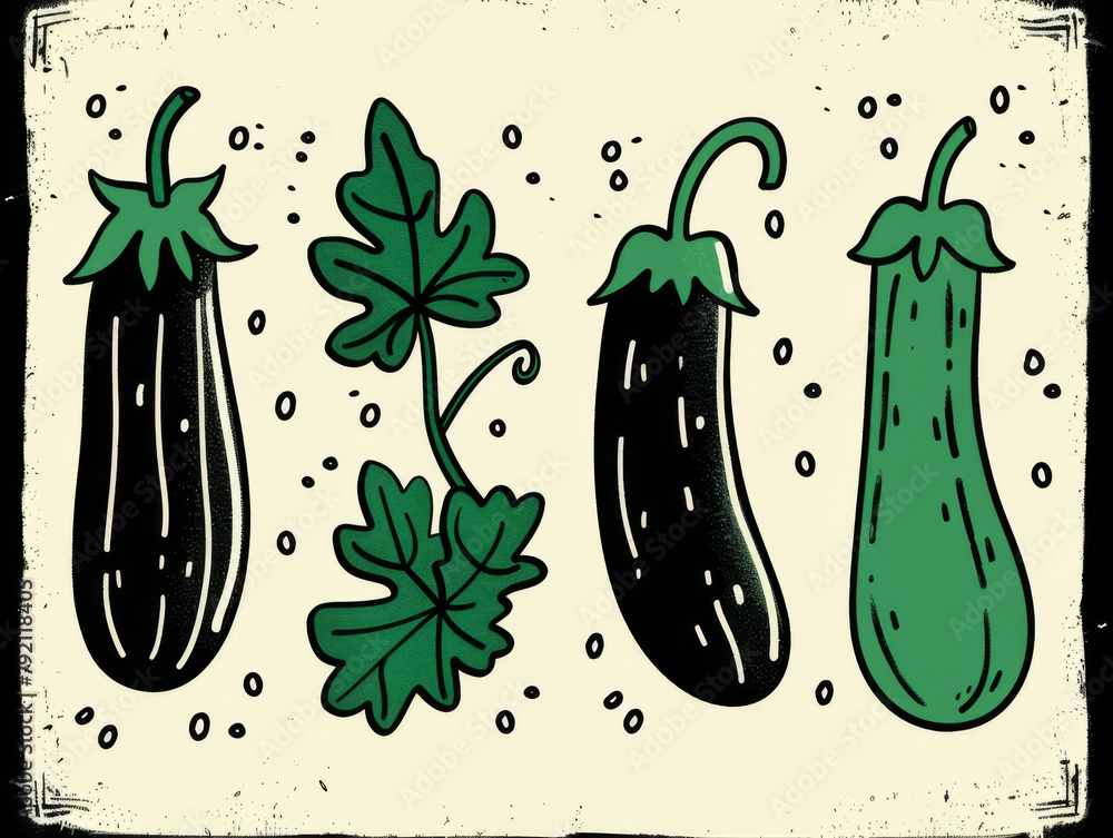 Stylized vector illustration of cucumbers and leaves with a dotted ...