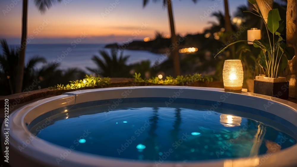 Jacuzzi in luxury beach resort with beautiful night sky in background ...