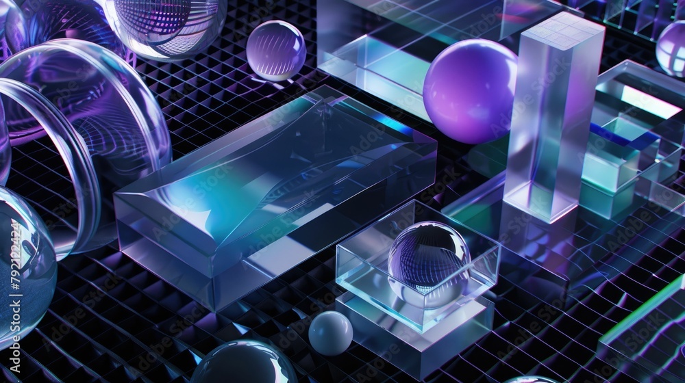 Futuristic abstract scene with reflective spheres and geometric shapes ...