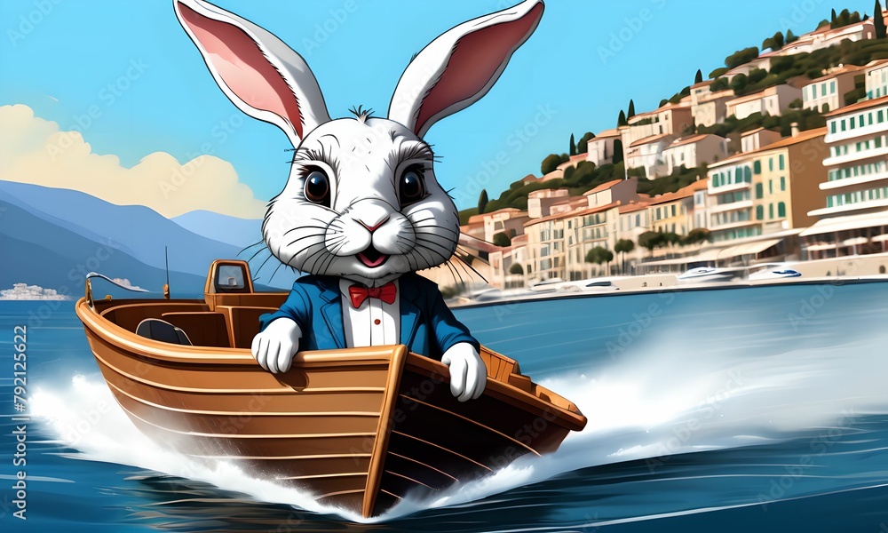 wallpaper for children representing a rabbit piloting a boat, off the ...