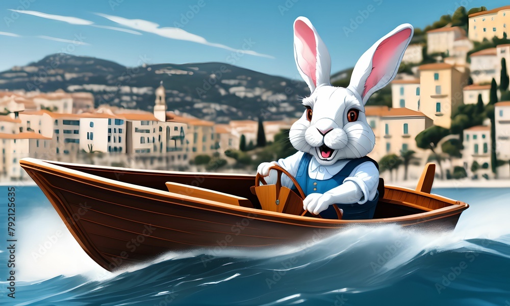 wallpaper for children representing a rabbit piloting a boat, off the ...