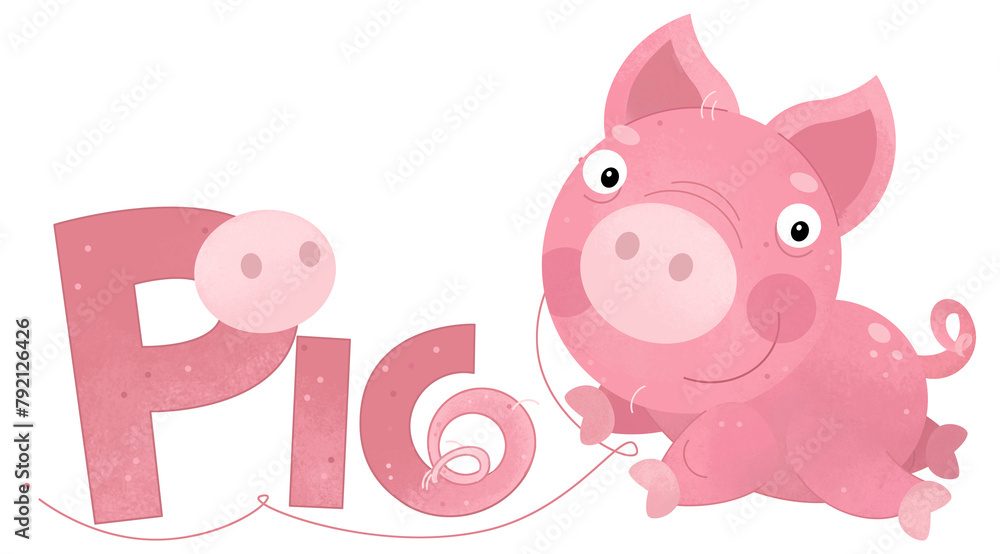 cartoon scene with happy little pig farm animal theme with name ...