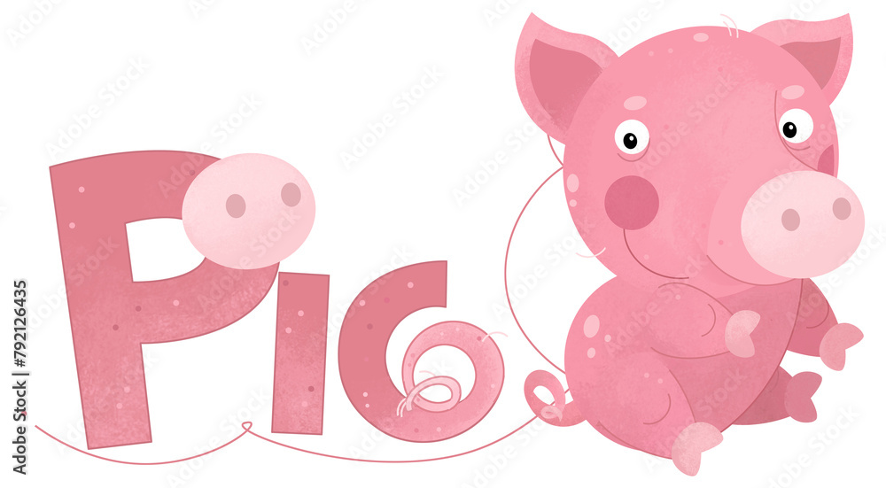 cartoon scene with happy little pig farm animal theme with name ...