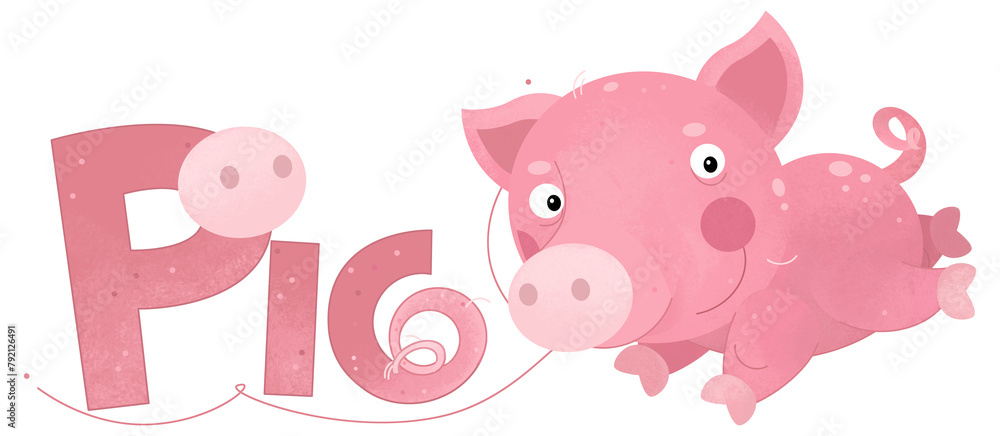 cartoon scene with happy little pig farm animal theme with name ...
