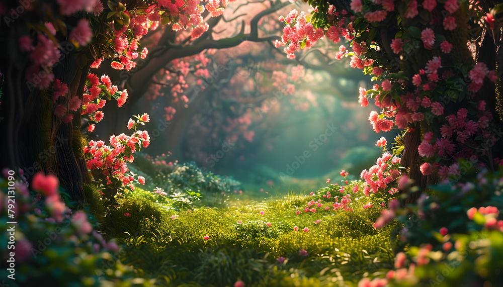Beautiful enchanted landscape with spring blooming trees and a round ...