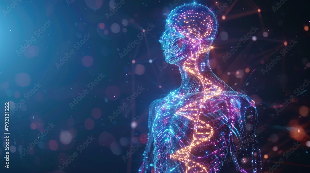 3d rendering illustration human body DNA anatomy with neon light. AI ...