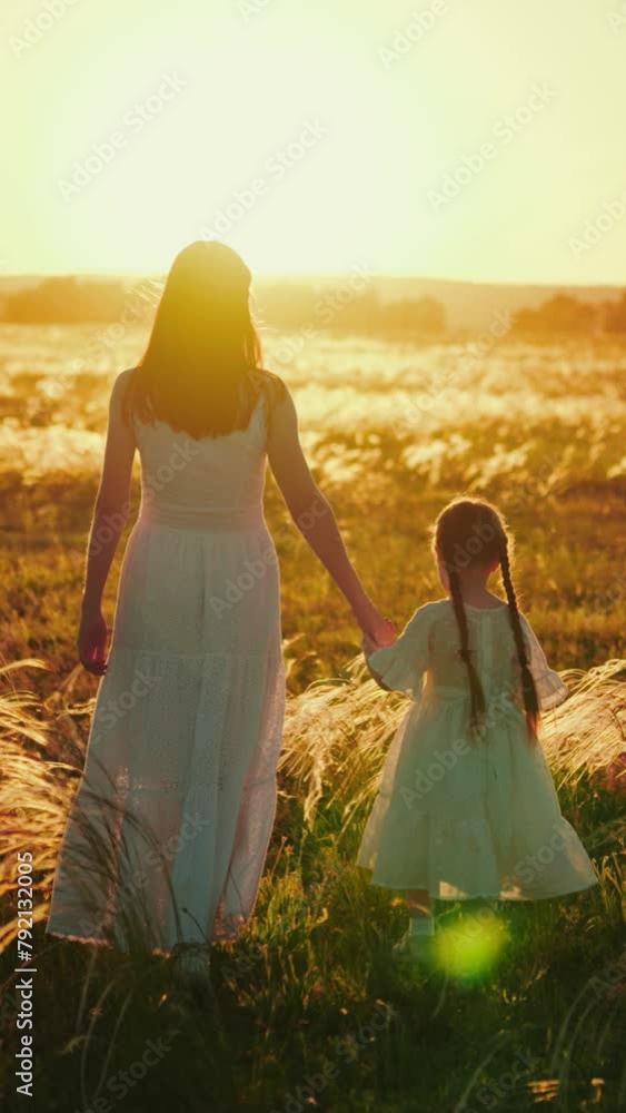 silhouette happy family, mother holding hand child kid daughter girl ...