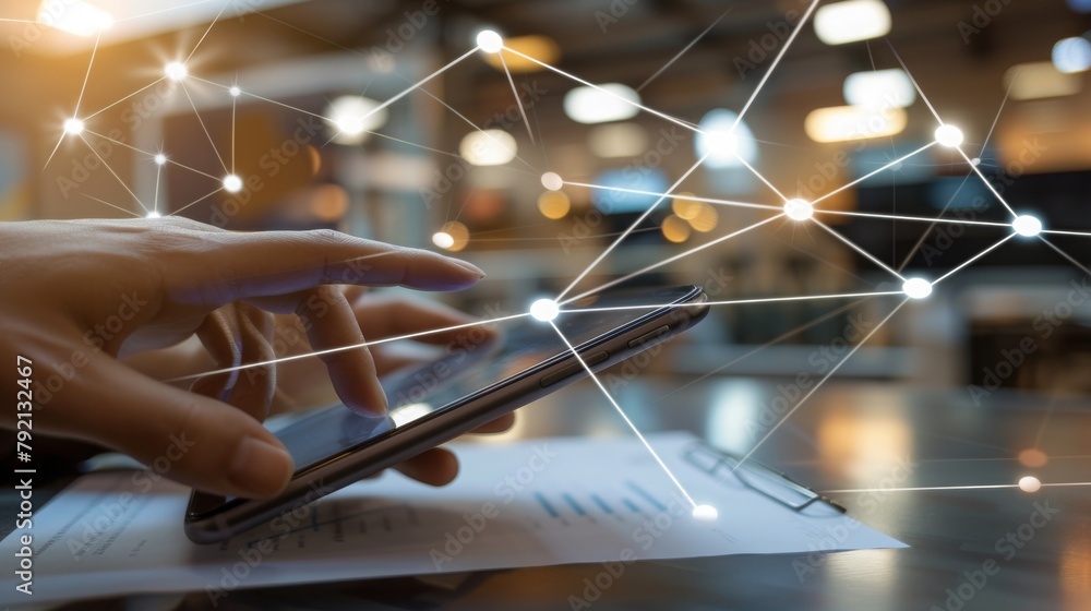 Communication network concept, businessman typing on tablet with ...