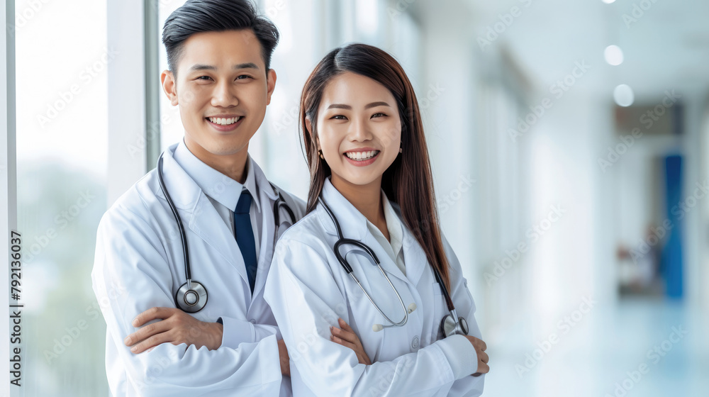 Two young Asian doctor couples are facing the camera smiling happily ...