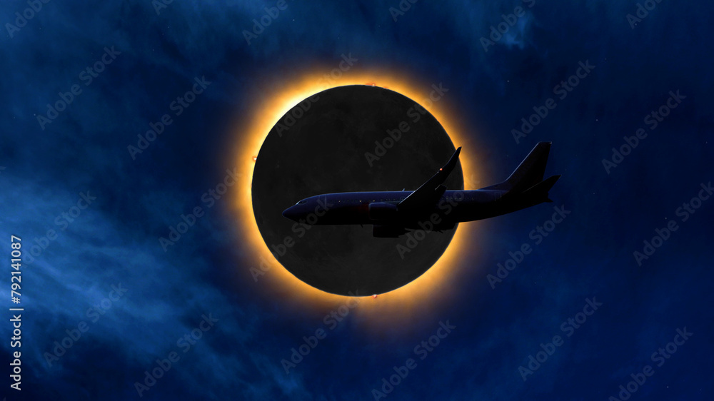 A commercial jet is silhouetted in front of a total solar eclipse ...