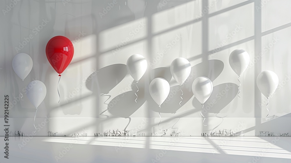 Imagine a scene where a group of white balloons is clustered together ...
