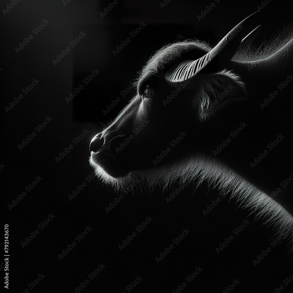 Black background Rim light a buffalo in profile photography, with the ...