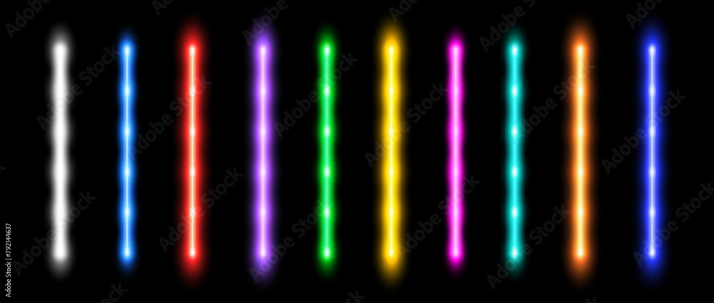 Glowing neon tube lamp set. Led light line beam collection. Bright ...