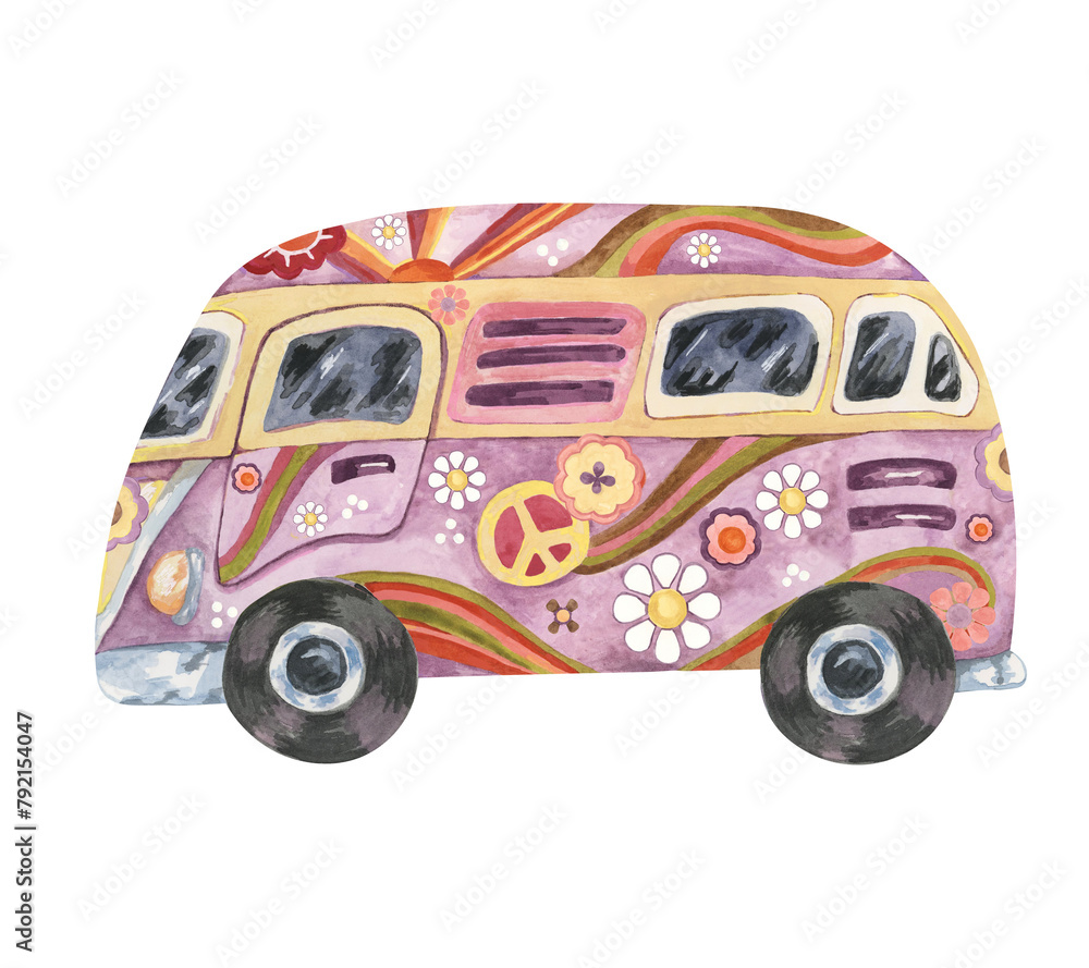 Hippie vintage camper van with flowers. Groovy purple retro bus car for ...
