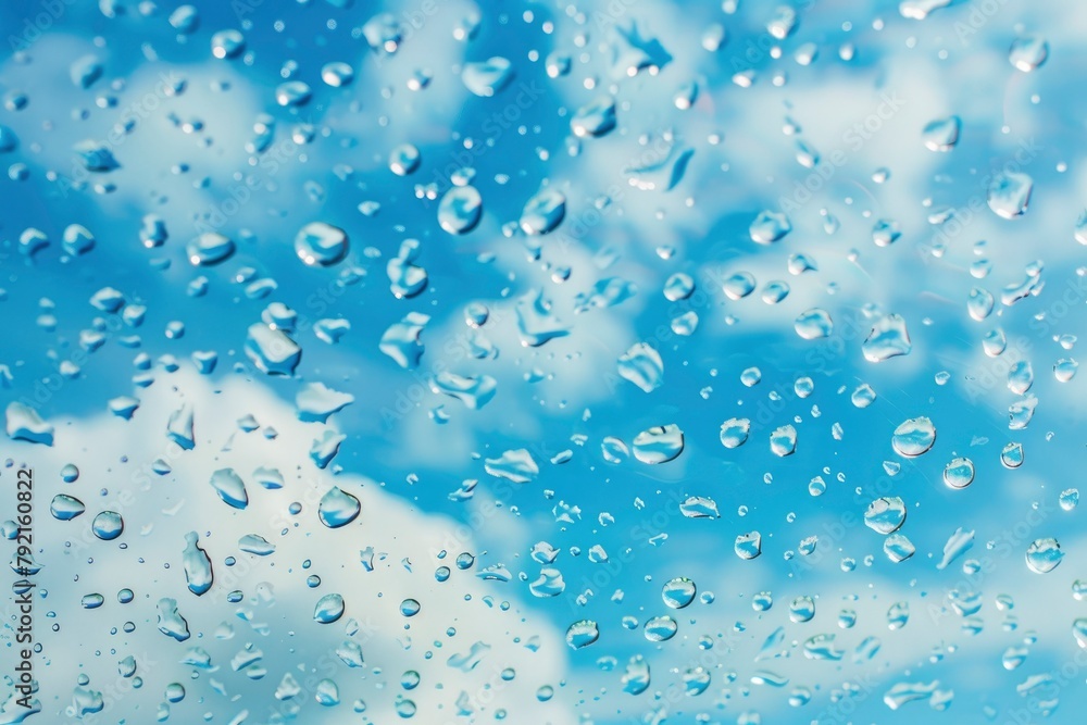 Rain drops on the glass. Beautiful blue and white sky. Sky background ...