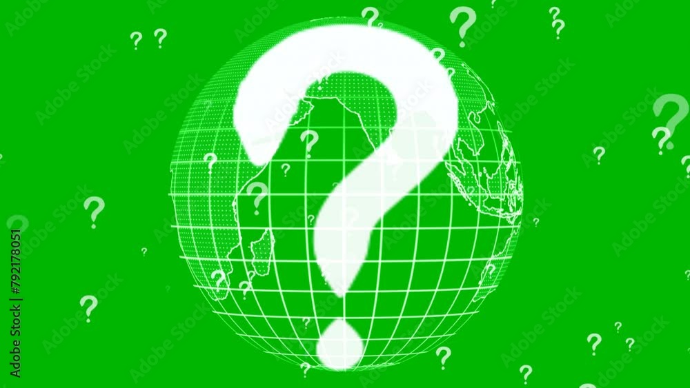Global map with question mark big symbol and particle appear and faded ...