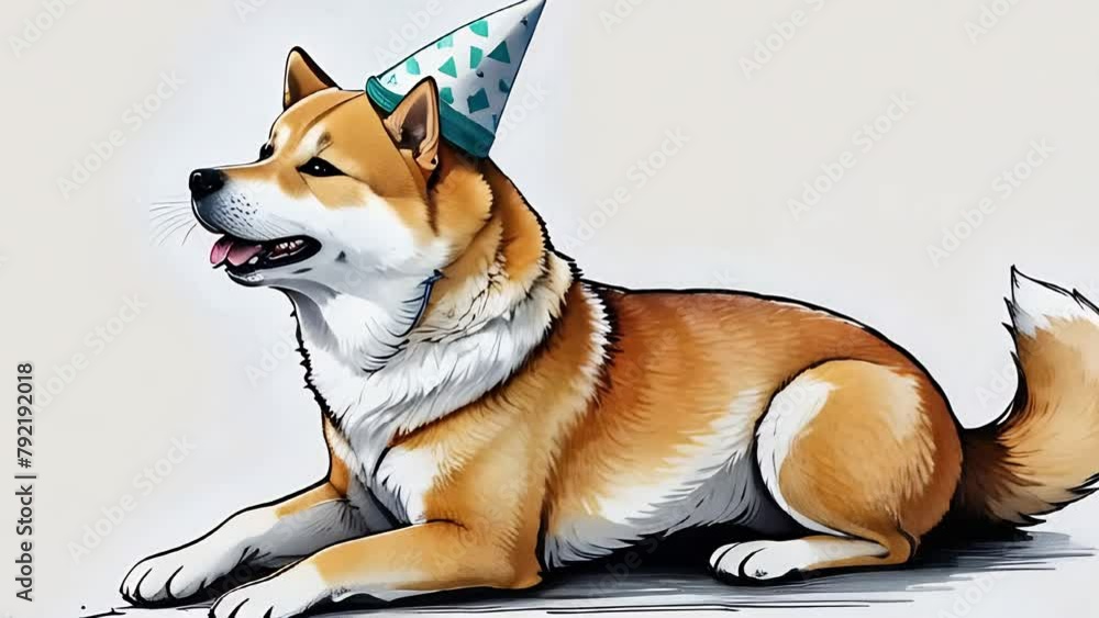 a Shiva in dog sitting down side view wearing a party hat and singing ...