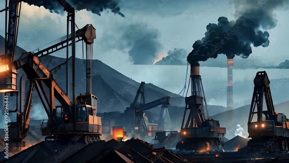 Industrial Landscape with Coal Piles and Machinery Environmental Impact ...