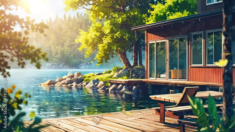 Morning scenes of a lakeside forest resort depicted in a 4K looping ...