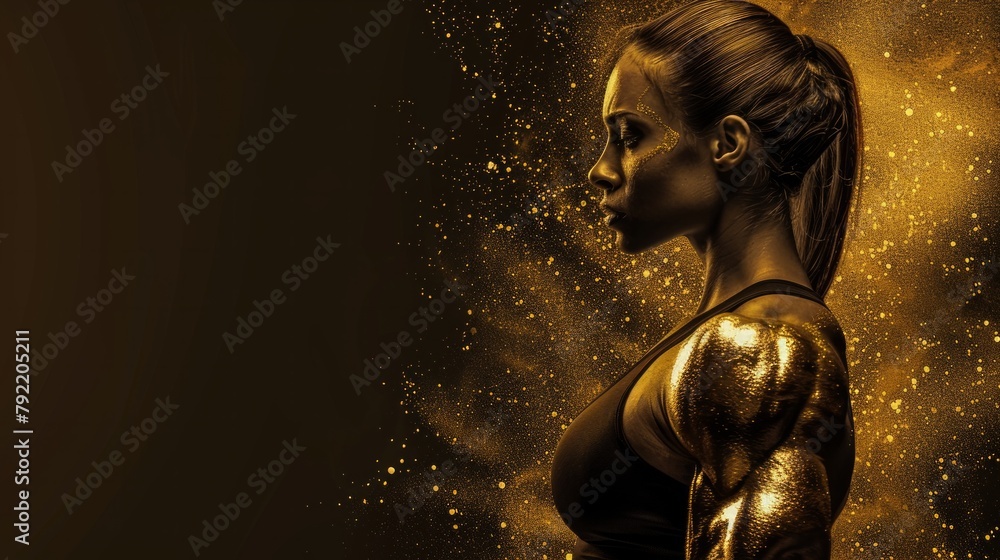 Gold glitter on bodybuilder woman body. Web banner female on the left ...