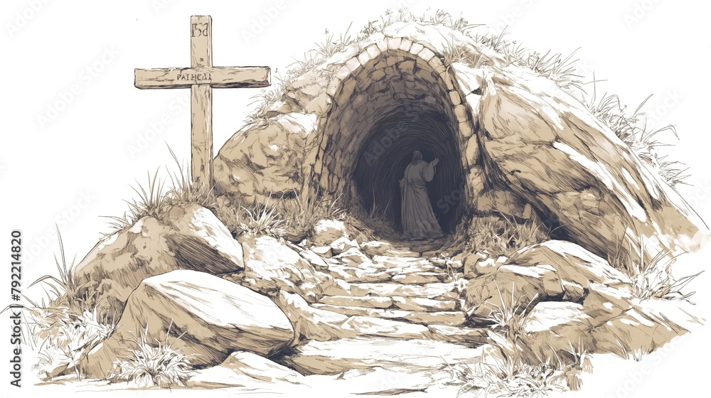 Monochrome image capturing the open tomb of Jesus Christ post ...