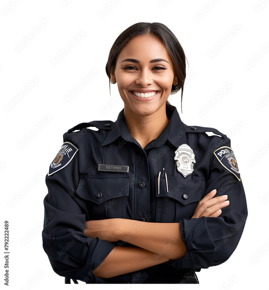 Female police officer smiling with arms crossed isolated on a ...