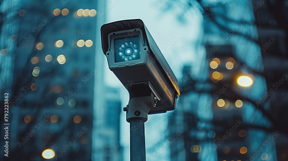 A security camera installed outdoors, with a backdrop of a blurry ...