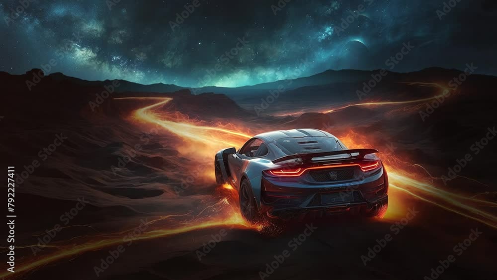 A futuristic scene shows a car in space, heading towards a planet on ...