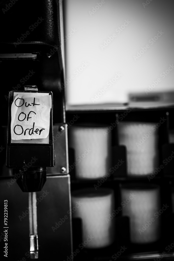 Out of Order sign posted on a soda pop fountain dispenser Stock Photo ...