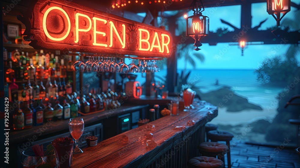 “OPEN BAR” sign - tropical tiki bar - coast - ocean - party - spring ...
