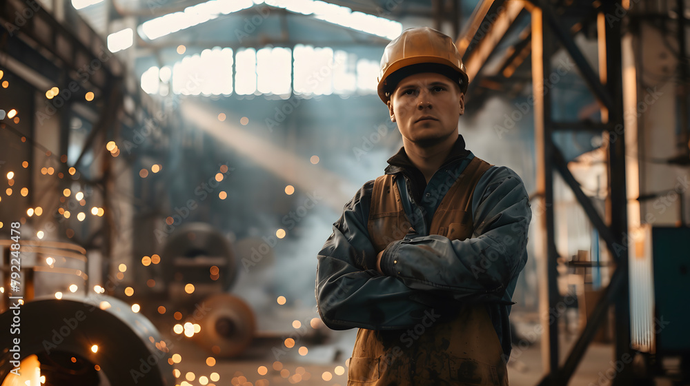 Factory worker in uniform portrait with welds a metal beam with sparks ...