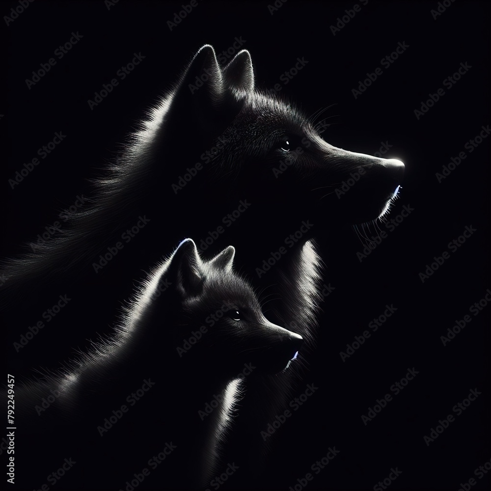 Black background Rim light a wolf mother and her baby in profile ...