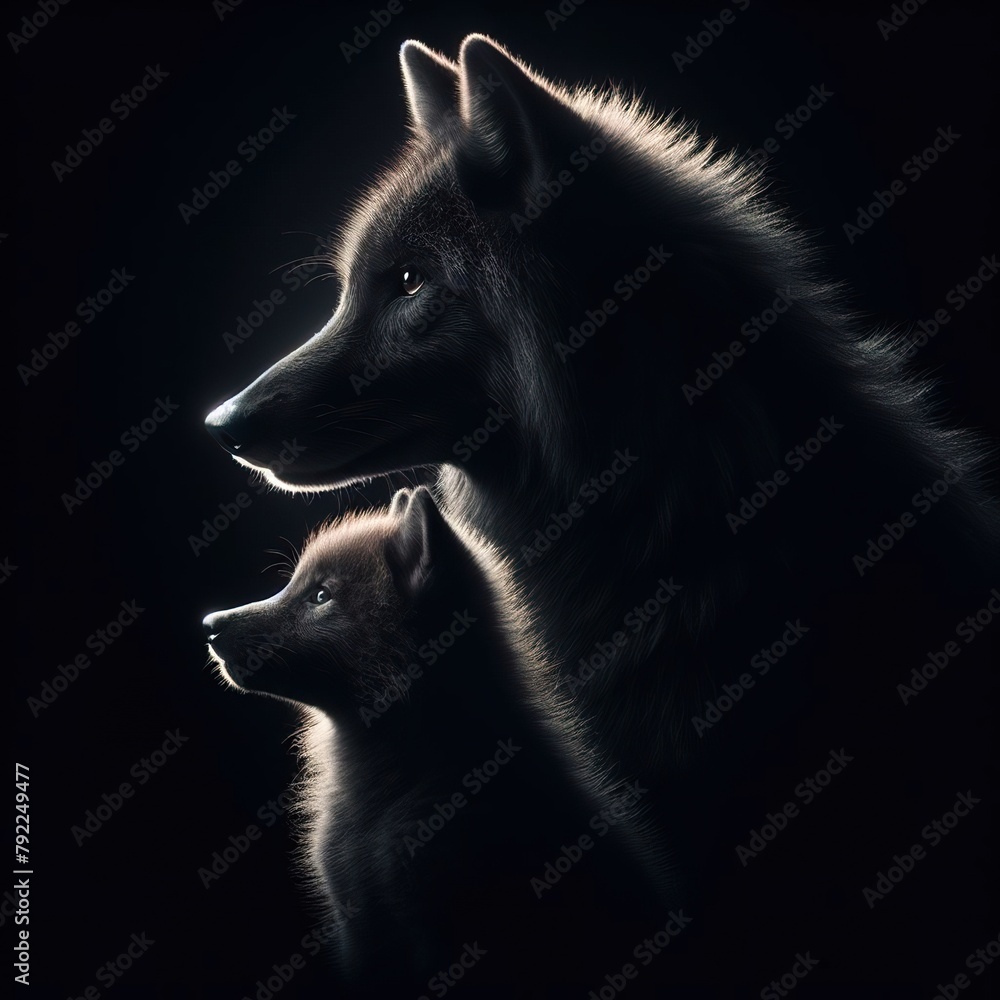Black background Rim light a wolf mother and her baby in profile ...