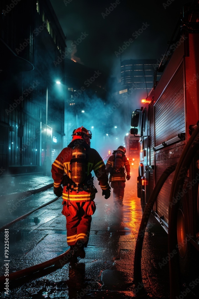 Team of firefighters responding to an emergency call in the middle of ...