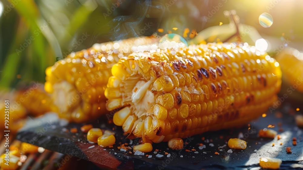 Macro shot of a halved ear of golden sweet corn with plump kernels ...