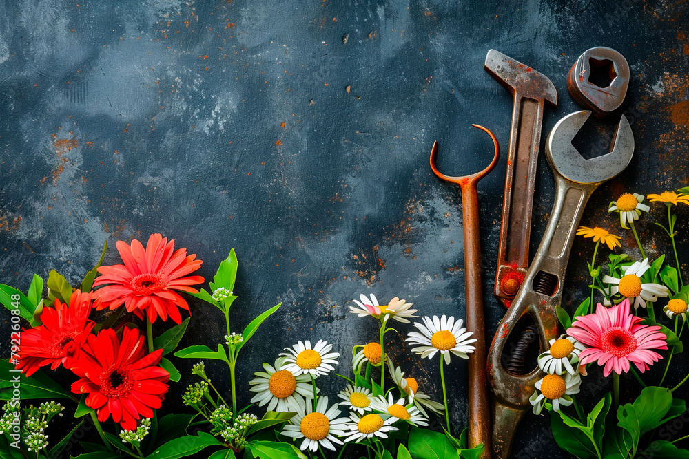 Flowers on a grunge background with flowers and petals, metal tools ...