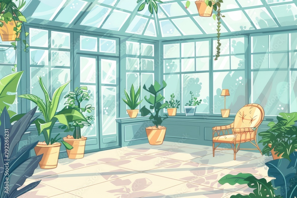 Cartoon cute doodles of an empty conservatory with glass walls, potted ...