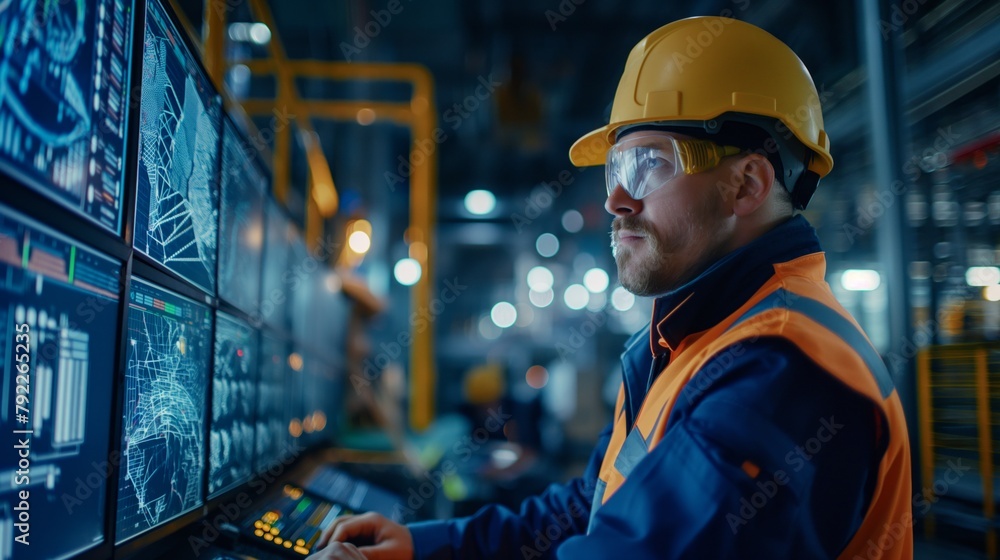 Focused engineer monitoring complex data on multiple screens in ...